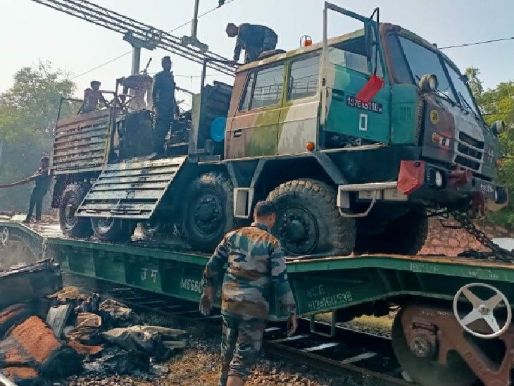 The truck standing on top of the train wrap, the goods were burnt to ...