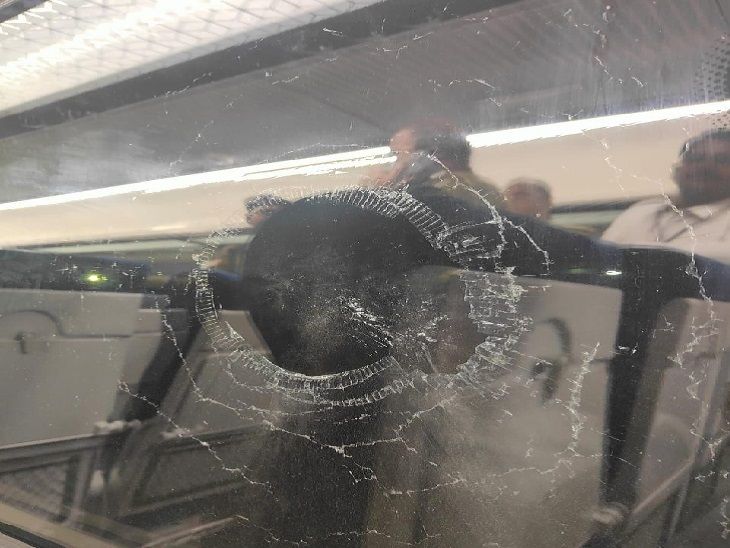 Broken glass of windows of 9 coaches after the start of the train ...