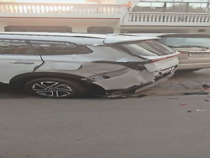 The car parked on the ramp outside Kothi was damaged by the collision ...