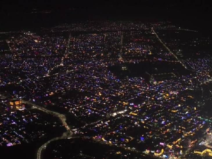 Kota illuminated with colorful lights on the night of Deepotsav, drone ...