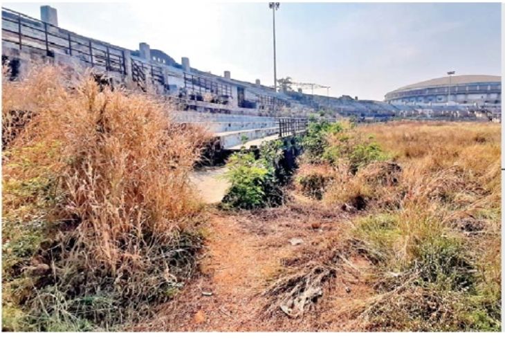 Outdoor stadium turned into ruins, ground filled with bushes