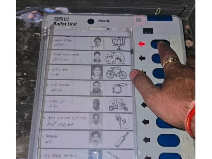Photo taken while pressing EVM button in Meerut | मेरठ में ईवीएम का बटन ...