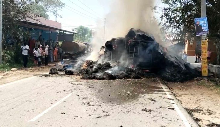 The trolley overloaded with straw caught fire after colliding with the ...