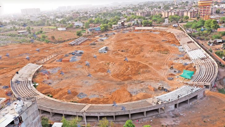 The work of the city's first stadium, being built at a cost of Rs 32 ...