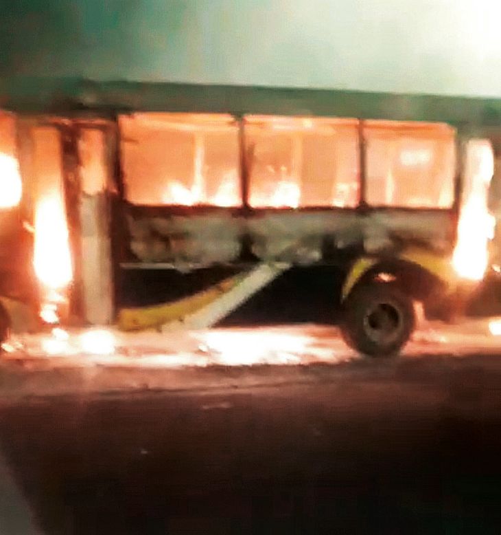 PRTC minibus burnt to ashes in a fire late night at the new bus stand ...