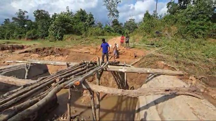 The culvert broke, people made a temporary bridge with logs | पुलिया ...
