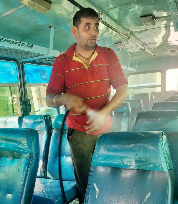 The helper put the gear on and drove the roadways bus in the workshop ...