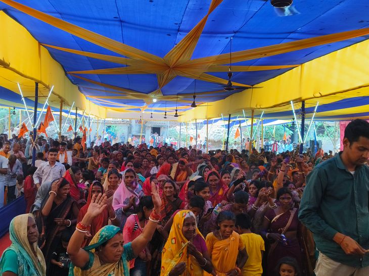 Devotees are getting enthralled by listening to the enactment and sermon of Krishna's childhood ...