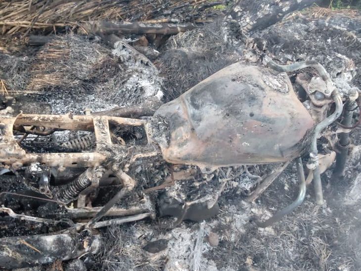 Motorcycle and bicycle burnt to ashes due to fire in thatch