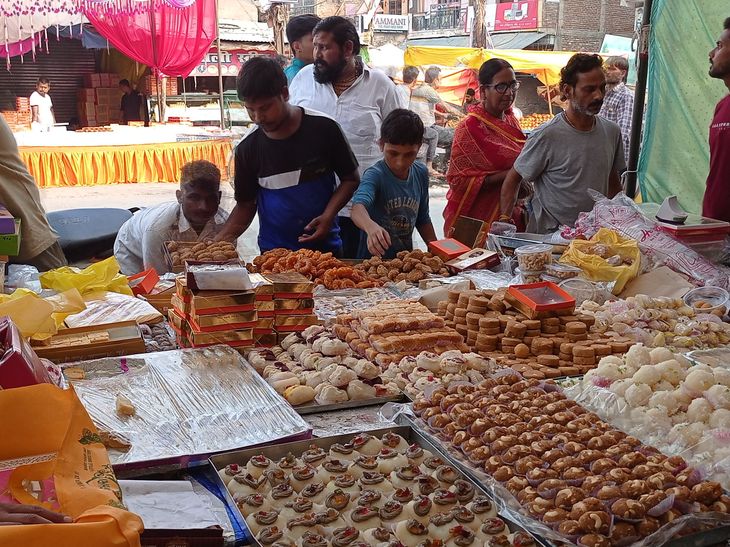 Sweets decorated for Diwali in Dibiyapur market