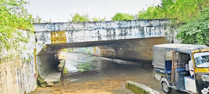 Water filled in the railway underbridge of Chanderia