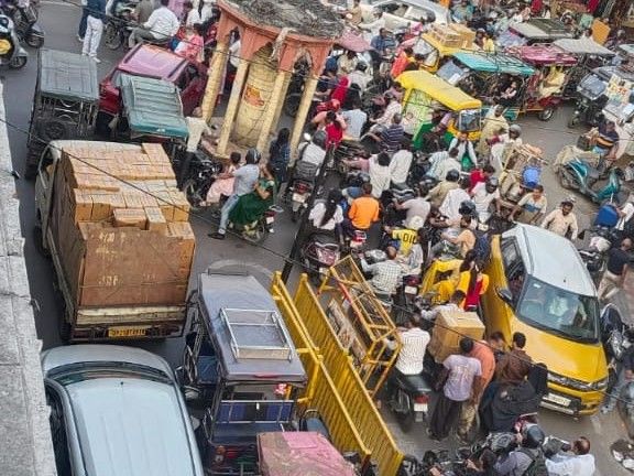 Heavy traffic jam at Moradabad's Budh Bazaar intersection