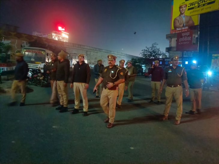 Police patrol on foot in Unnao, reviewing security