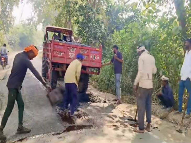 The dilapidated road in Tarun was repaired overnight.