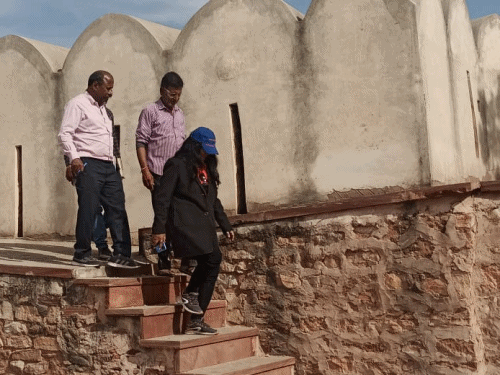 Inspection of the damaged walls of Phalodi Fort