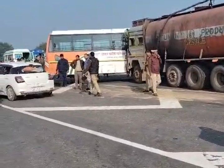 Diesel tanker collides with roadways bus