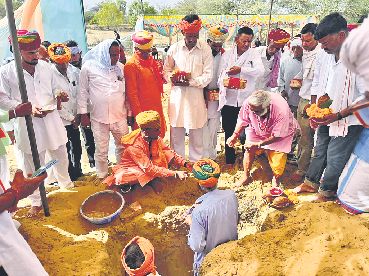 Laying the foundation stone for the temple of Mata Nagnechi and Pabuji ...