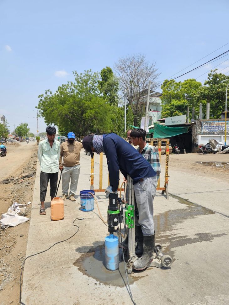The team arrived to inspect the road, core cutting and samples for testing.
