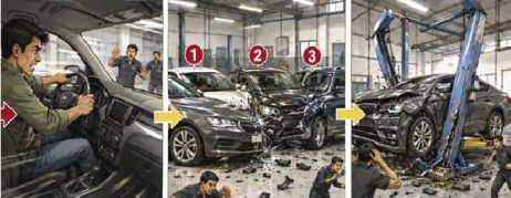 Novice driver crashes into three cars at workshop after servicing ...