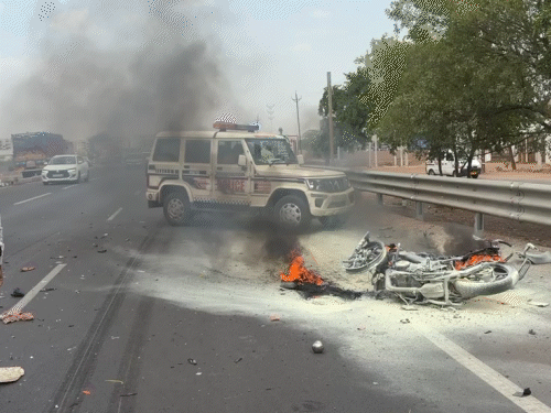Durg Accident: Bike Catches Fire After Trailer Collision, Driver Flees