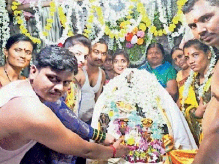 Turmeric ceremony of Ardhanari Nateshwar, after bath, worship, Suvasini ...