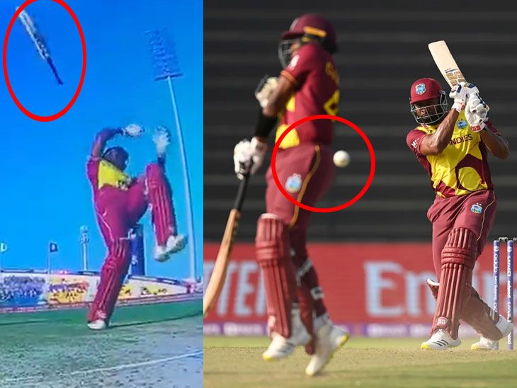 Pollard's shot hit the ball straight to non-striker Bravo, he fell head ...