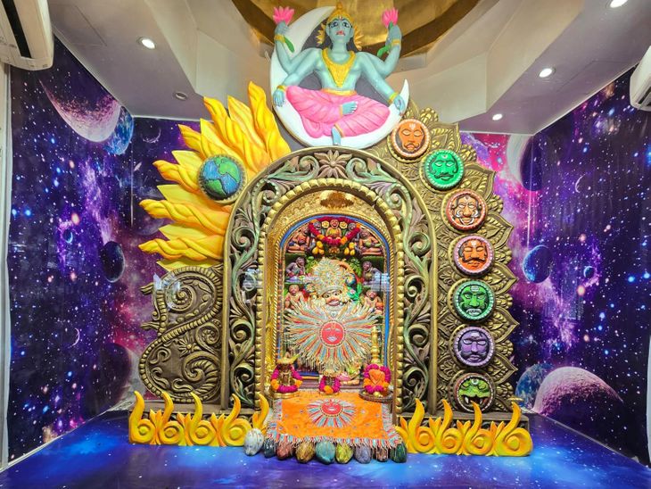 Sri Kashtabhanjandev Dada with sun god themed wagha and throne with 9 ...