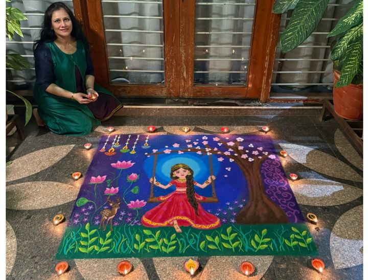 A stunning rangoli of a girl swinging on a tree branch | દિવાળી ...