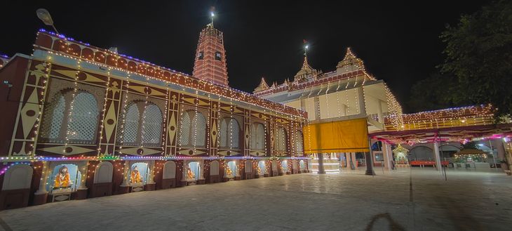 Bhimnath Temple premises decorated with colorful lights
