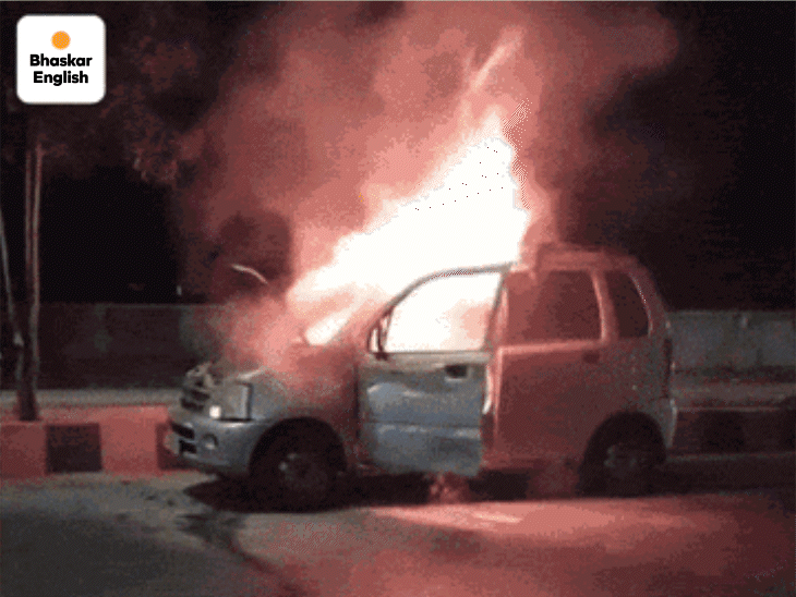 Car incinerated in fire, life saved by turning off CNG
