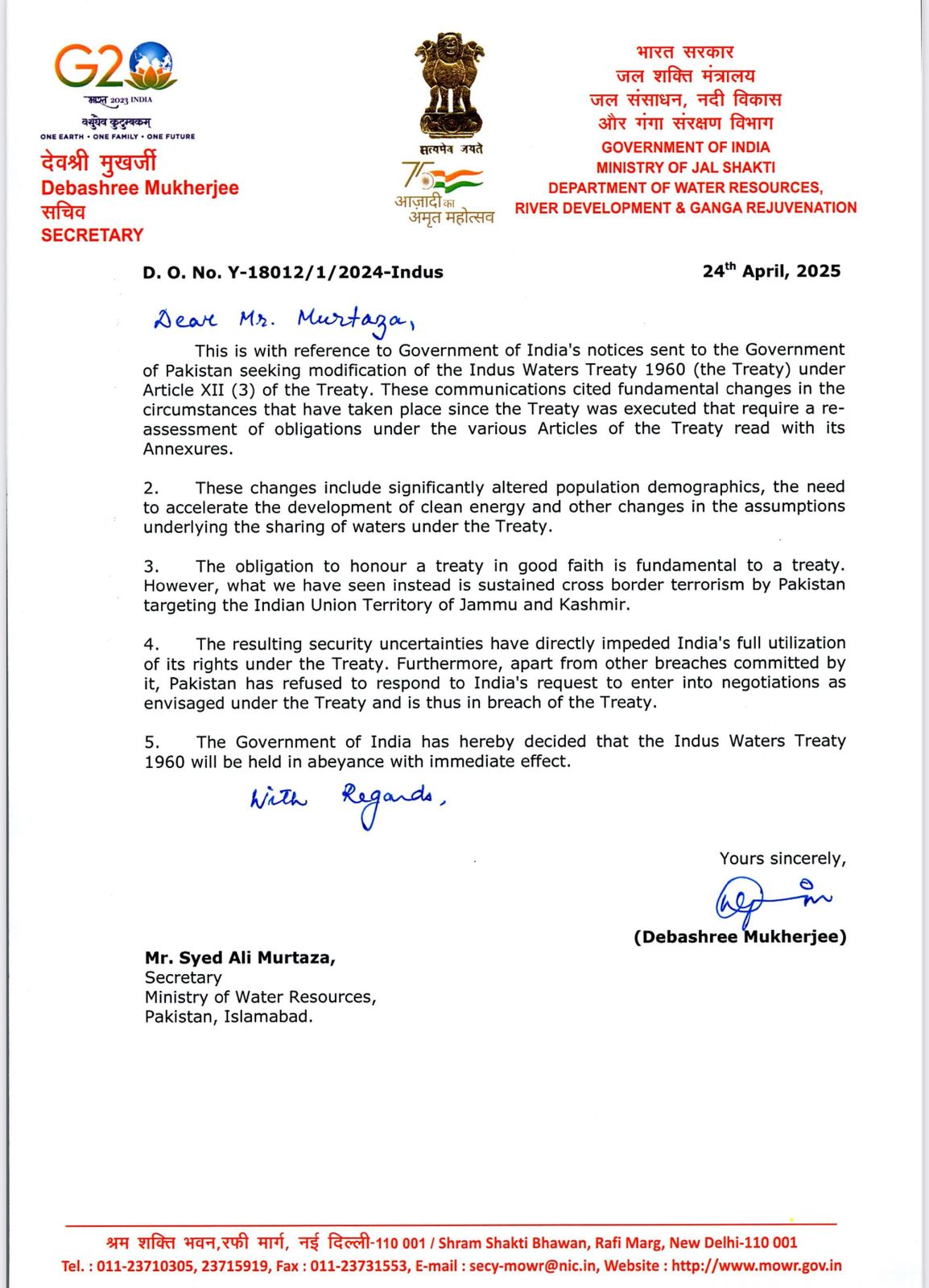 India sent a letter to Pakistan on Indus Water Treaty Information given ...