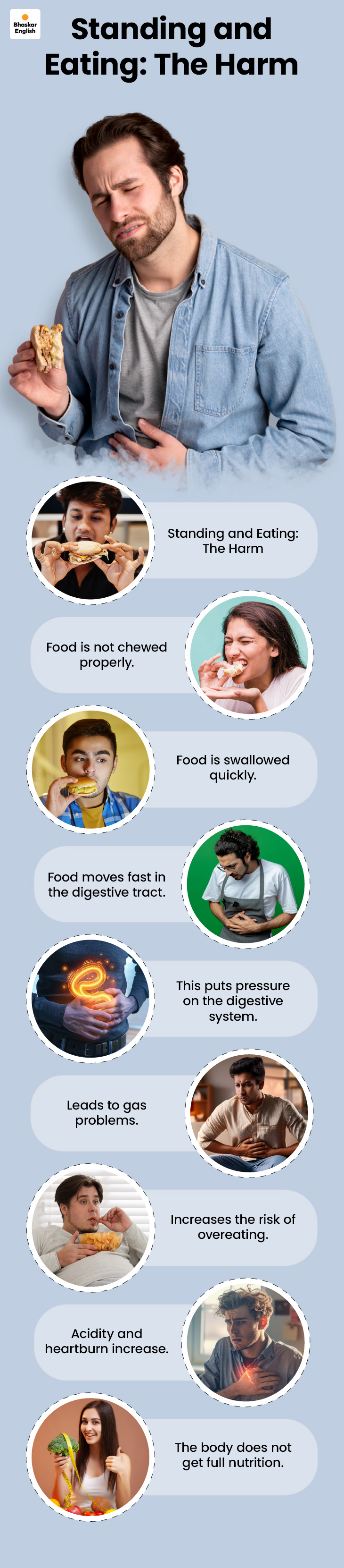Eating food in a hurry while standing can be dangerous