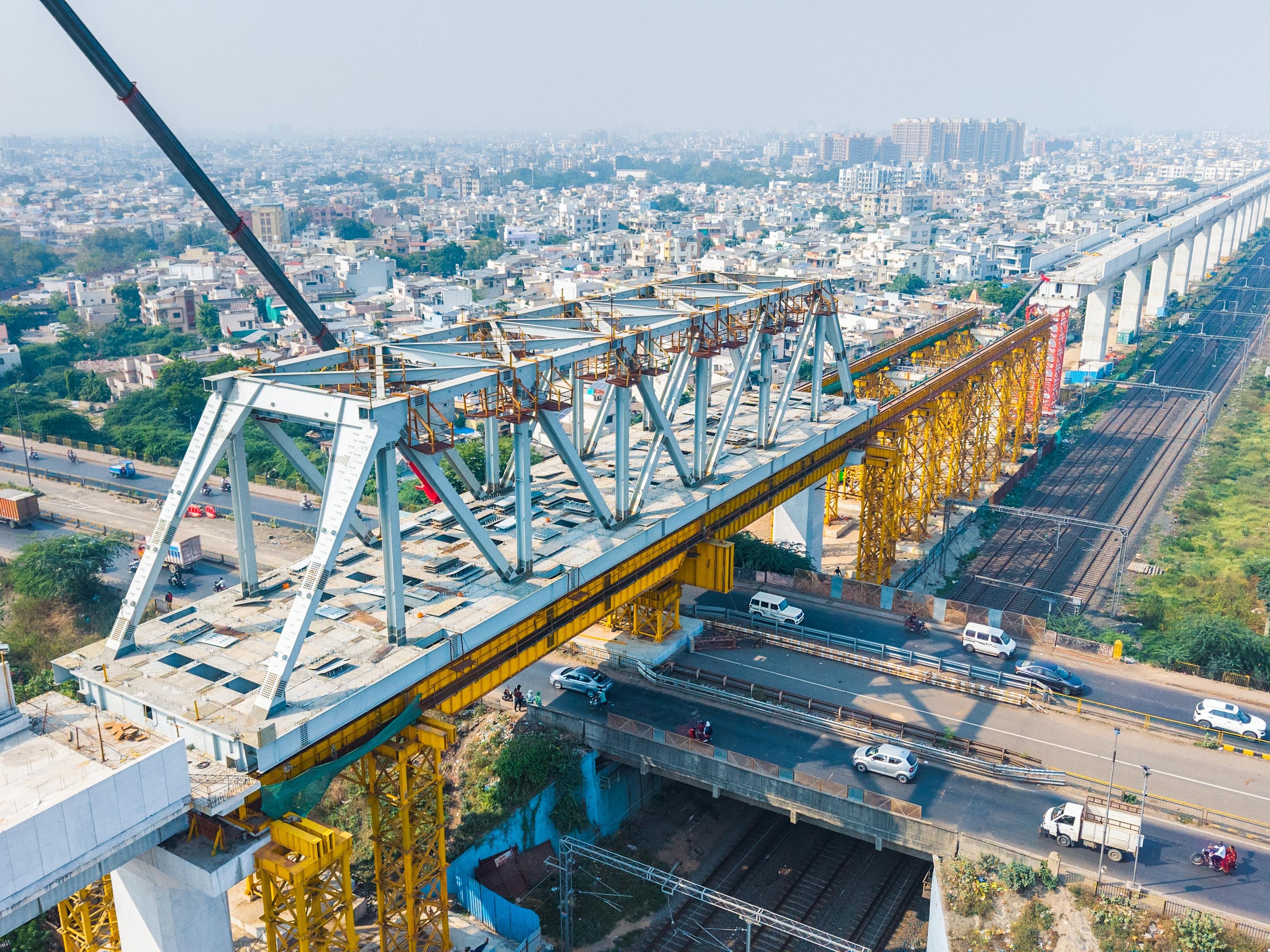 70-metre bridge for bullet train installed over flyover in Ahmedabad Steel structure above ...