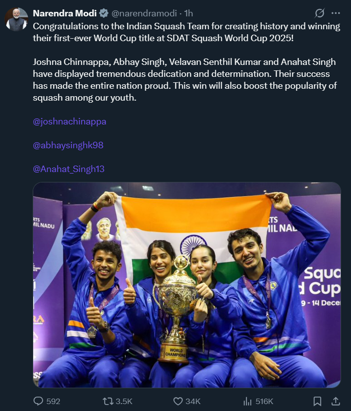 India win Squash World Cup for first time: Anahat Singh, Joshna ...
