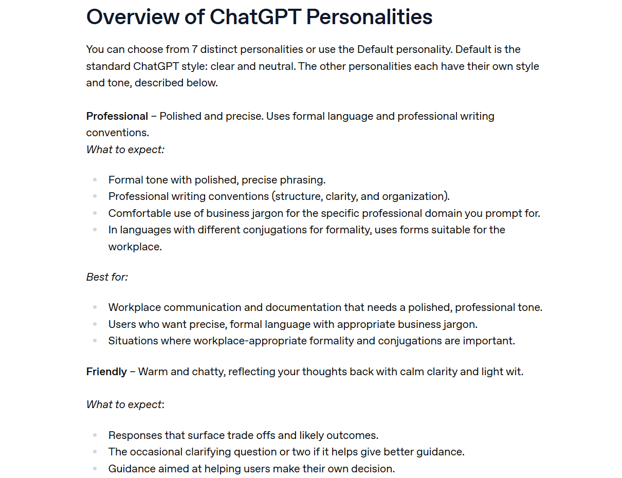 ChatGPT now offers eight built-in personality modes for responses