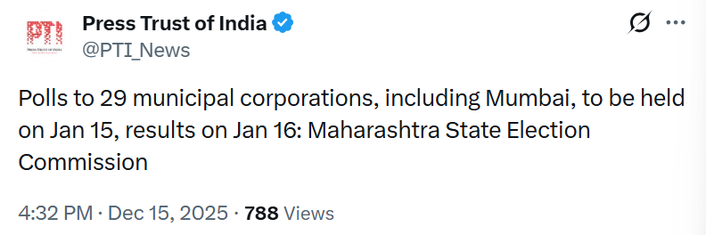 Mumbai BMC election 2026 dates announced: Voting in single-phase on ...