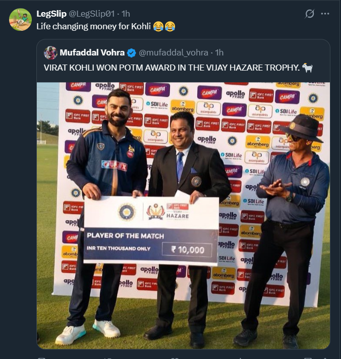Virat Kohli receives Rs 10,000 as Player of the Match: Fans hilariously ...