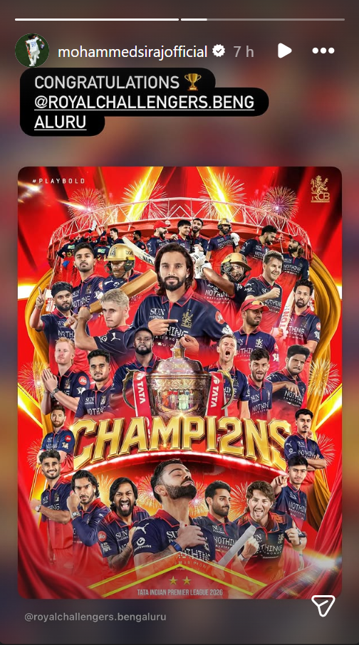 RCB Wins IPL 2026 | Siraj Congratulates; Fan Celebrations Rampant