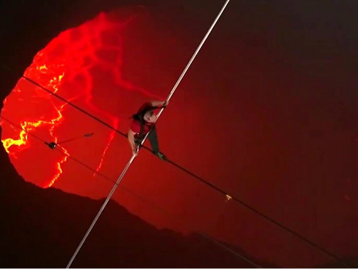 Rope walk 1800 feet above volcano for the first time, crossing the ...