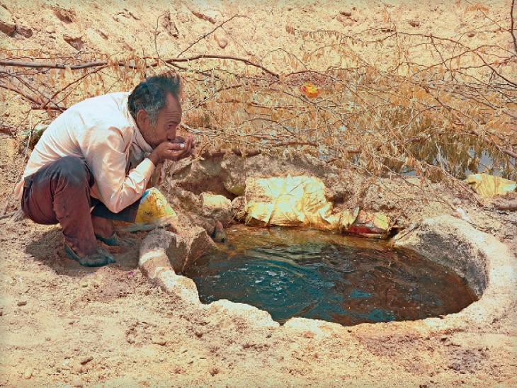 Villagers quenching thirst by drinking colorful and dirty water filled ...