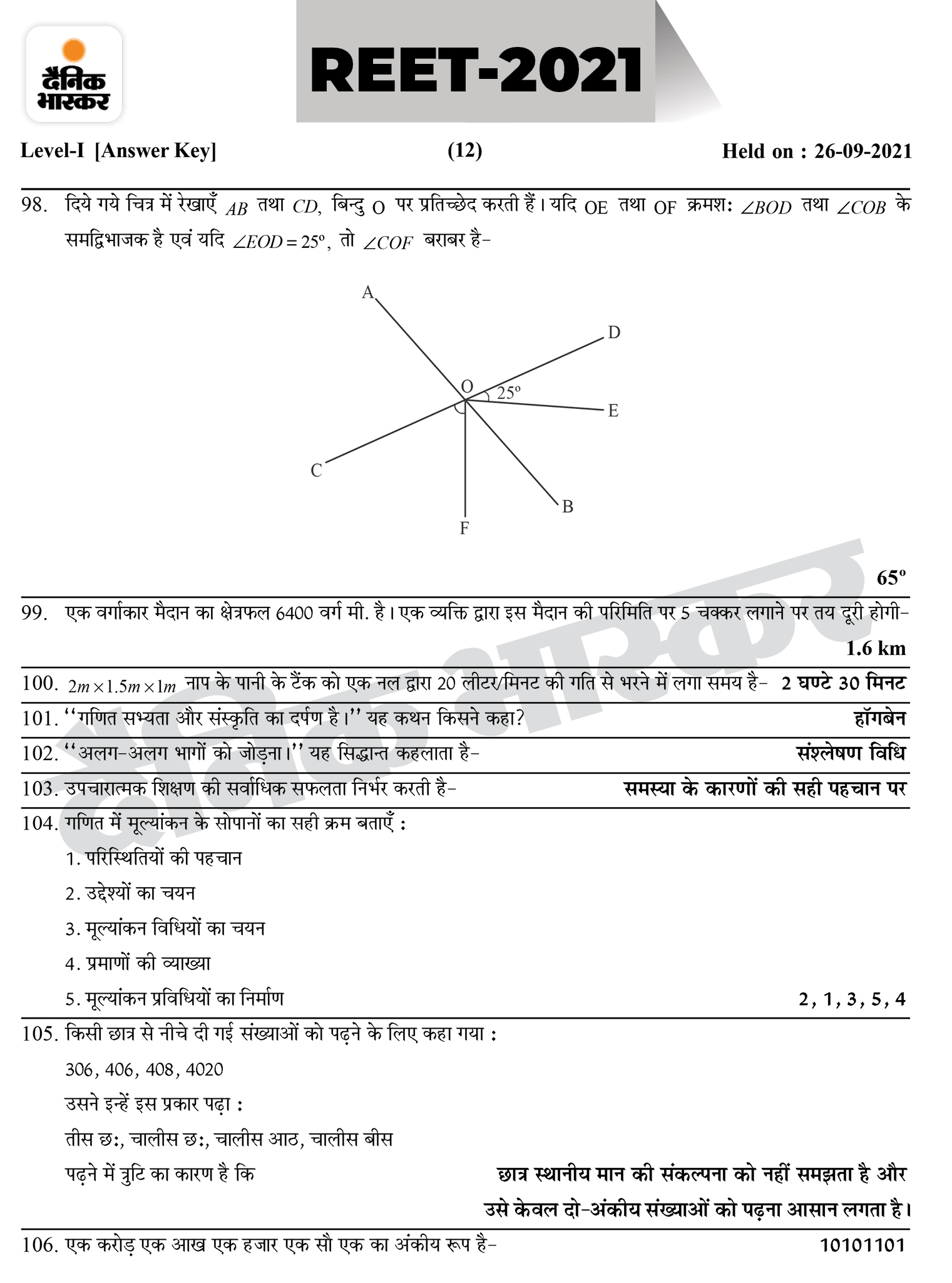 REET- 2021 level-1 exam, Most accurate, most reliable answer key on ...