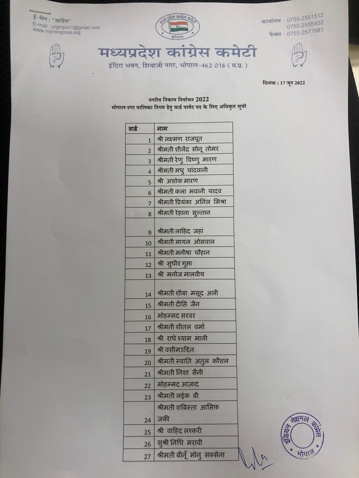MP Bhopal Nagar Nigam Election 2022; Congress Released Parshad ...
