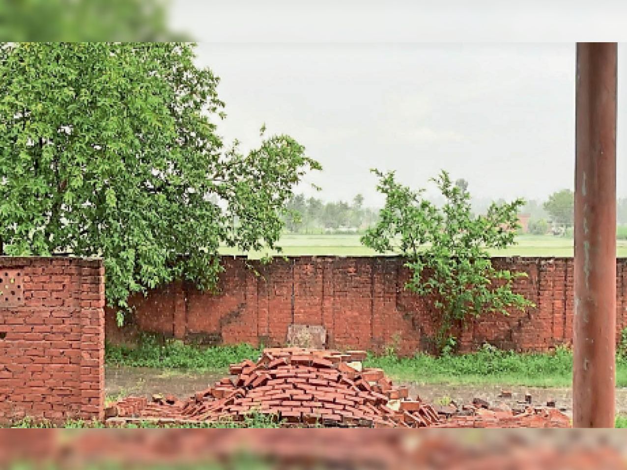 Boundary wall fell due to strong wind and rain, two vehicles parked ...