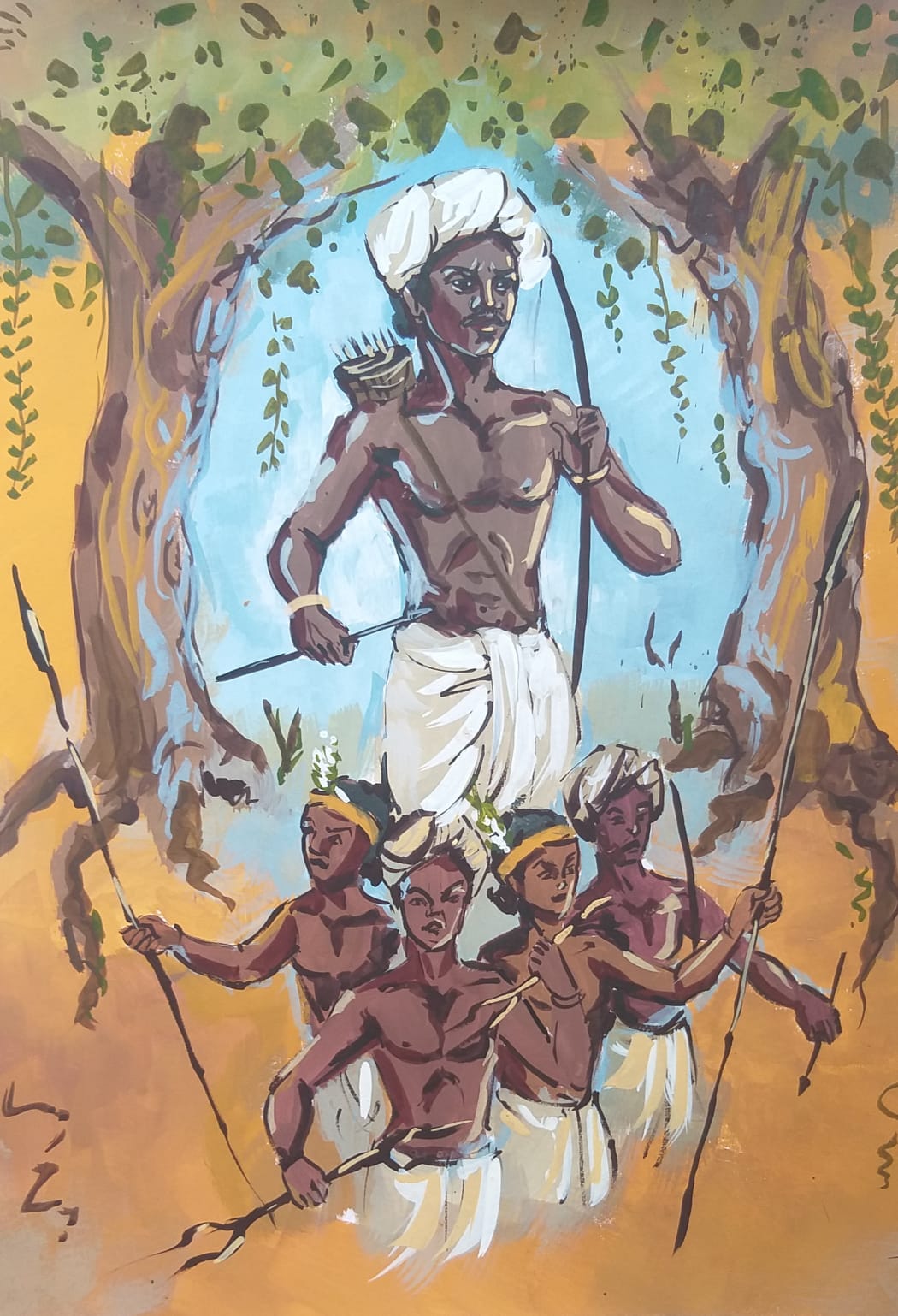 Students of Kashi Vidyapeeth in Varanasi depict the struggle of Birsa Munda in a painting