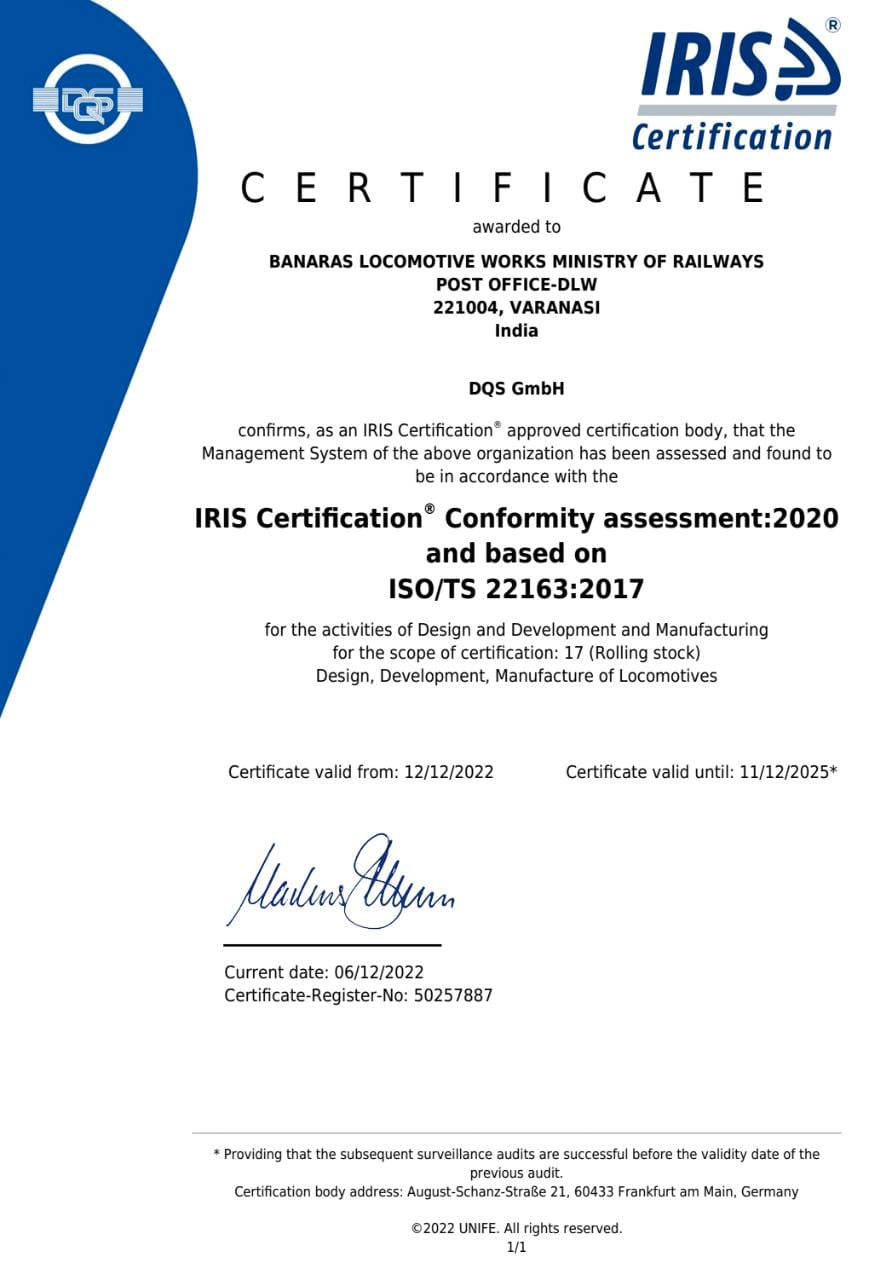 BLW of Varanasi gets ISO's new standard IRIS certificate, Demand for ...