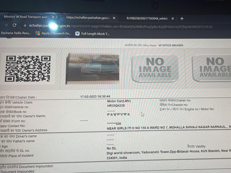 Narnaul- challan of vehicle parked at home, Innova car, Hyundai challan ...