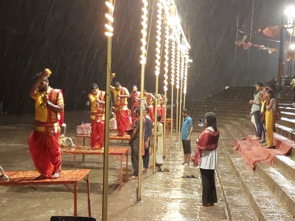 Wonderful view seen on the Ghats of Varanasi, tradition performed even ...