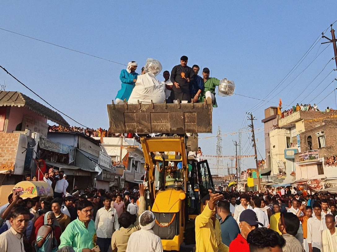 ride on a bulldozer's bucket and pass through power lines | हमीरपुर में ...
