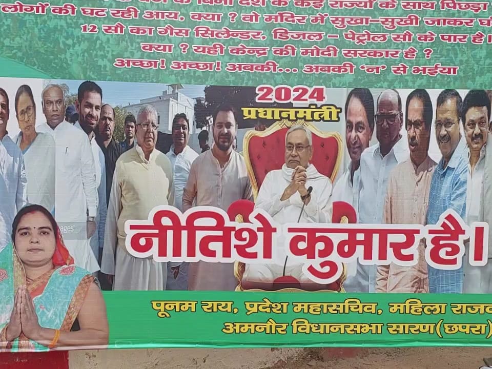 Poster making Nitish PM outside RJD office, Rahul-Kejri and Lalu ...
