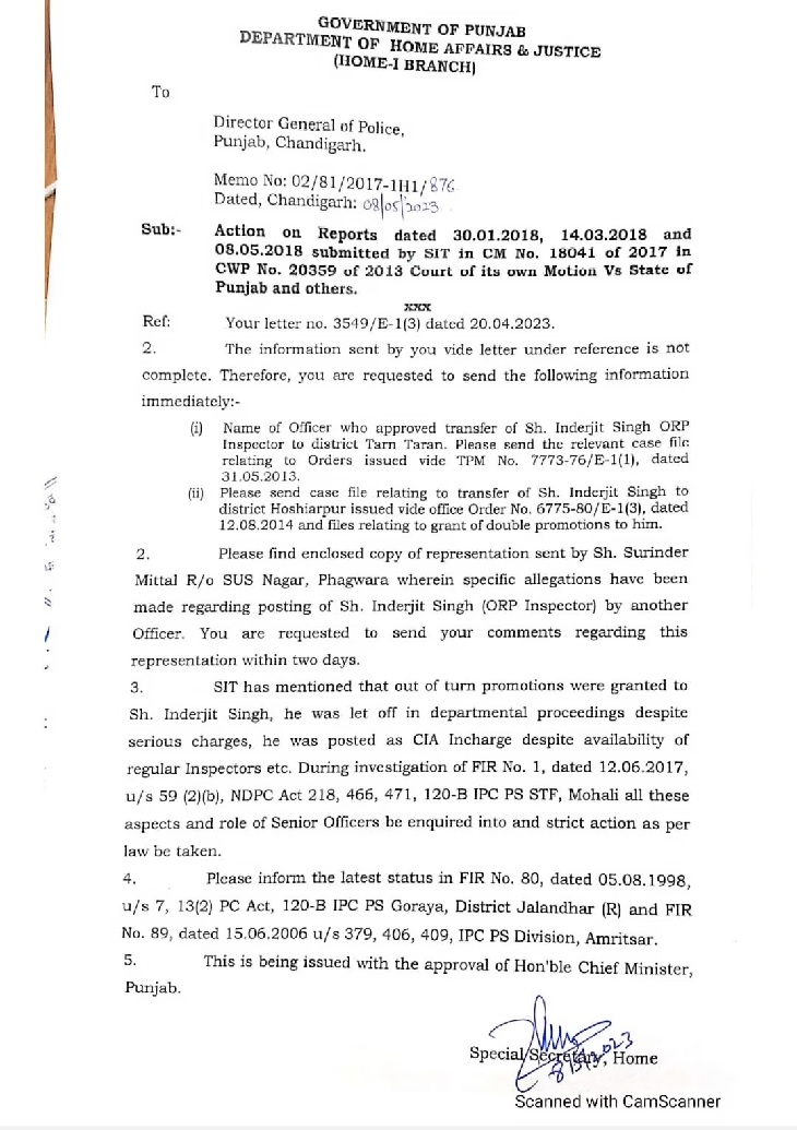 Dismiss Inspector Inderjit Singh; Home Department Punjab Letter Punjab ...